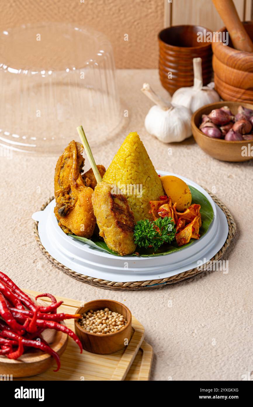 Tumpeng is an Indonesian cone-shaped rice dish with side dishes of ...