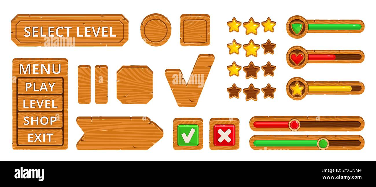 Ui buttons icons. Wooden panels different shapes, progress, loading ... Ui buttons icons. Wooden panels different shapes, progress, loading ...