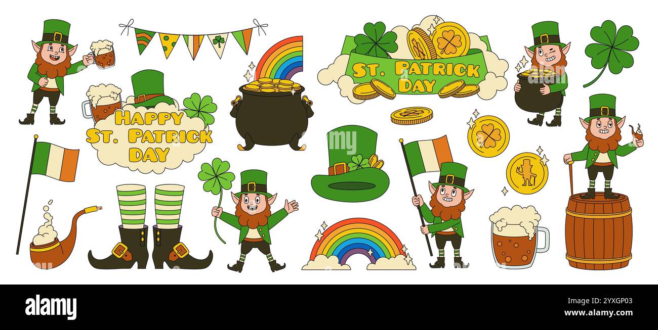 Saint Patrick day elements. Cartoon funny gnome and leprechaun holds ...