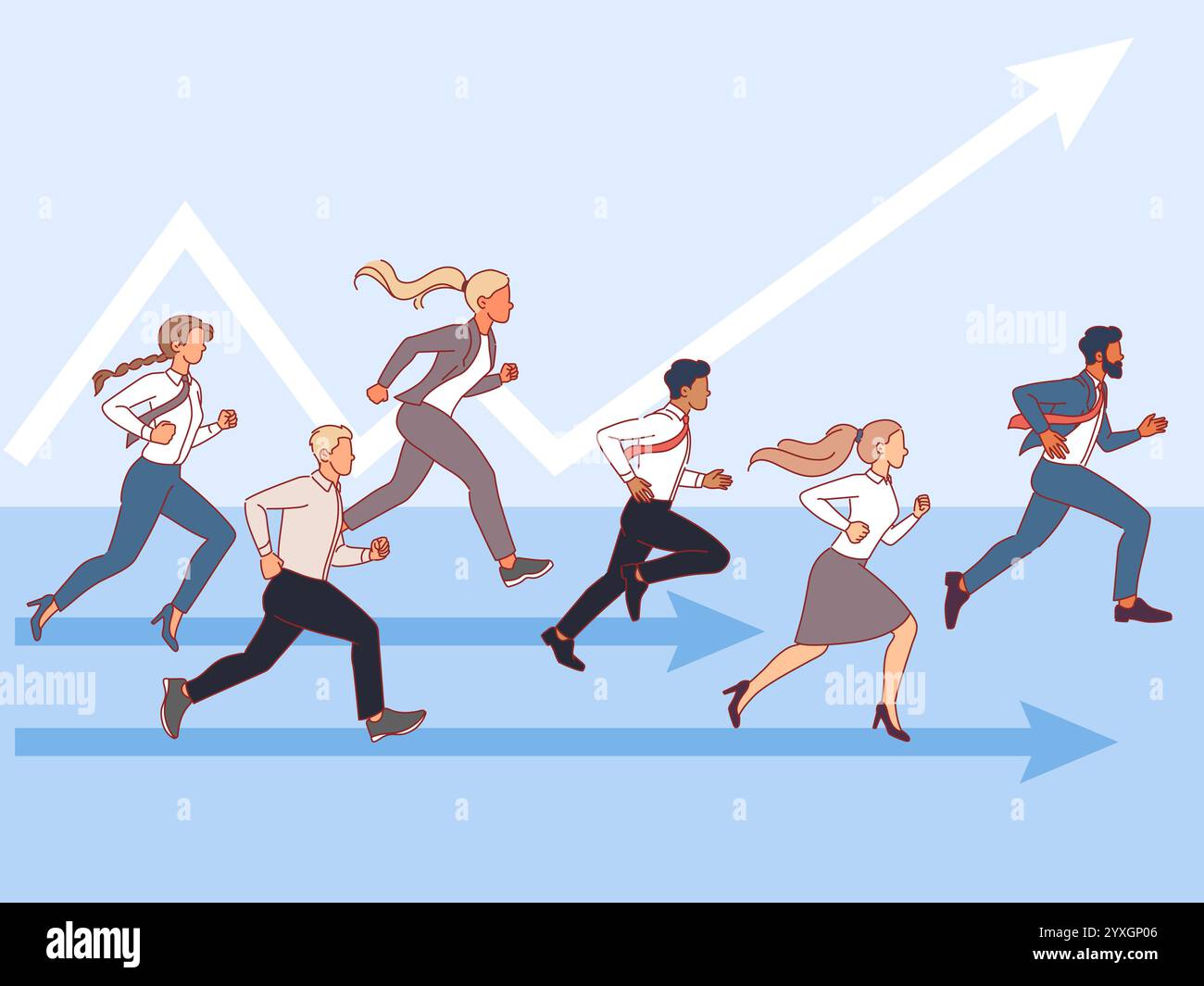 Office employees running race. Business people moving towards goal, men ...