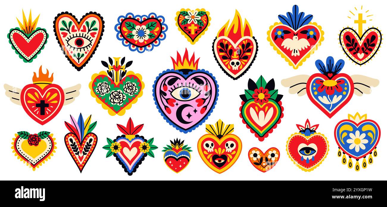 Sacred patterned hearts. Traditional mexican spiritual symbols, burning ...