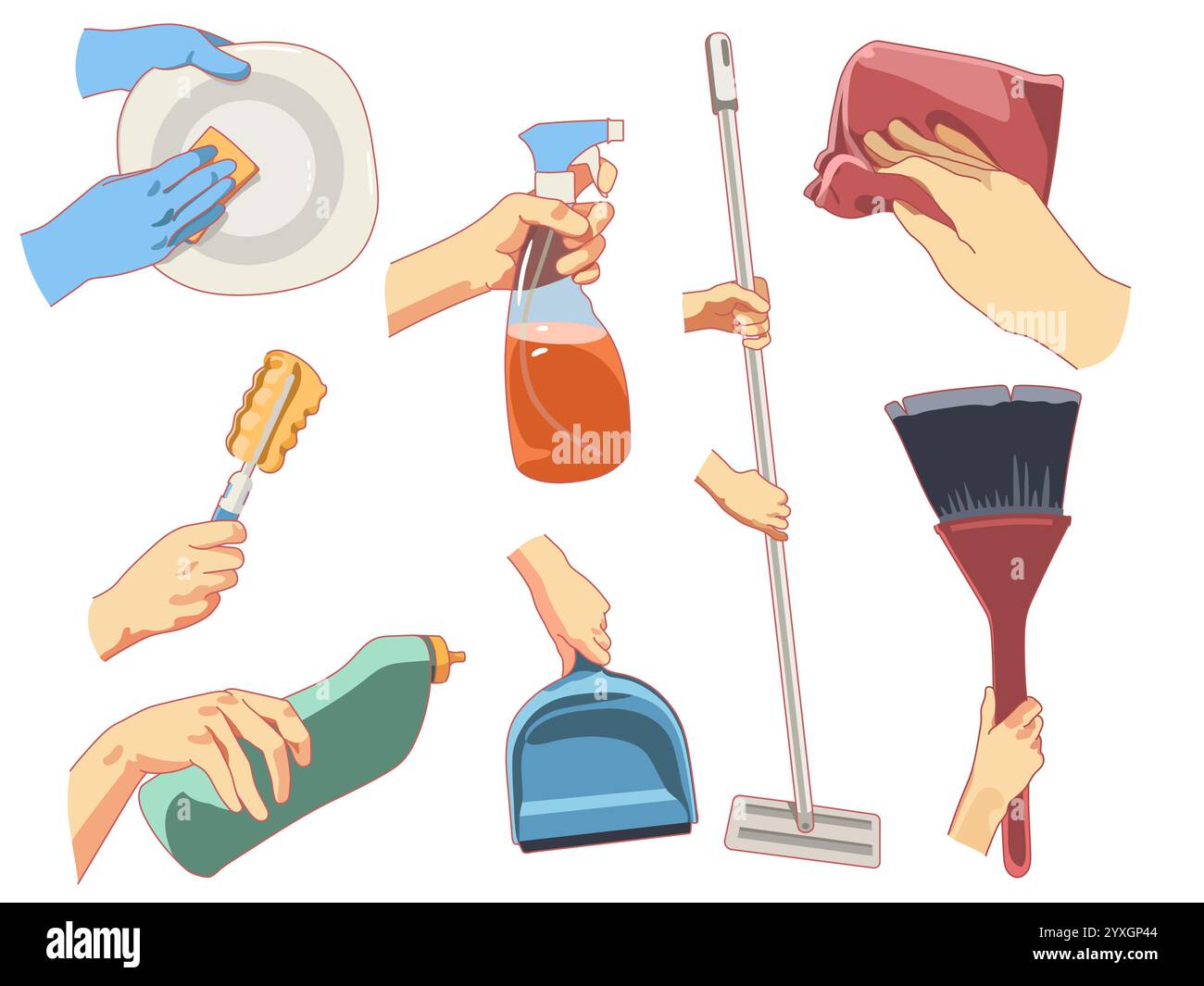 Hands holding cleaning products and tools. Housework elements, washing ...