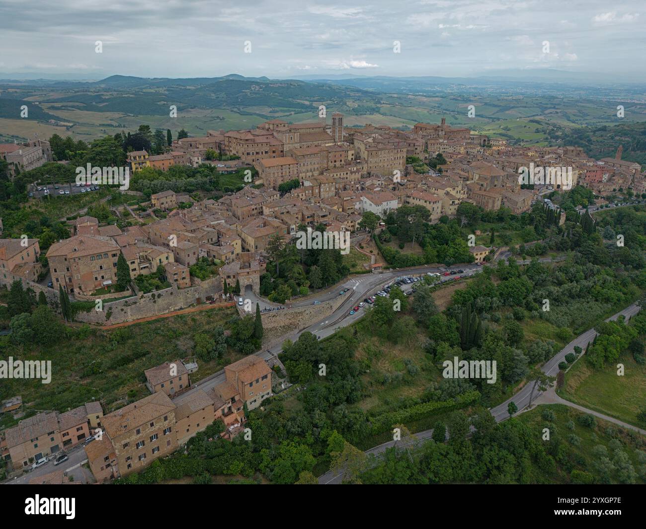 The hilltop town of Montepulciano, located in the Tuscany region of ...