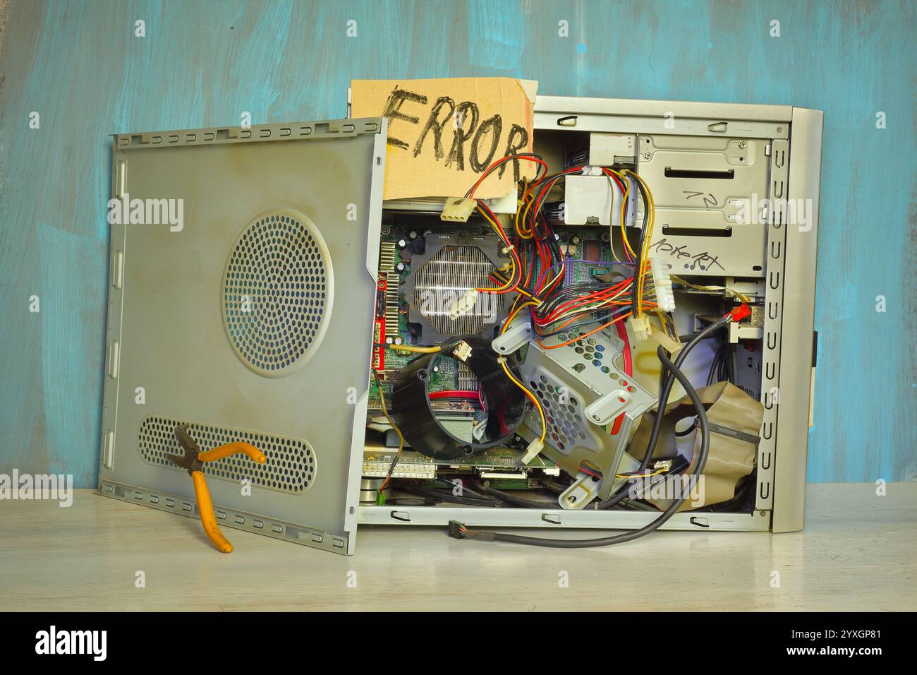 Grungy demolished computer with ERROR sign,server glitch,offline ...