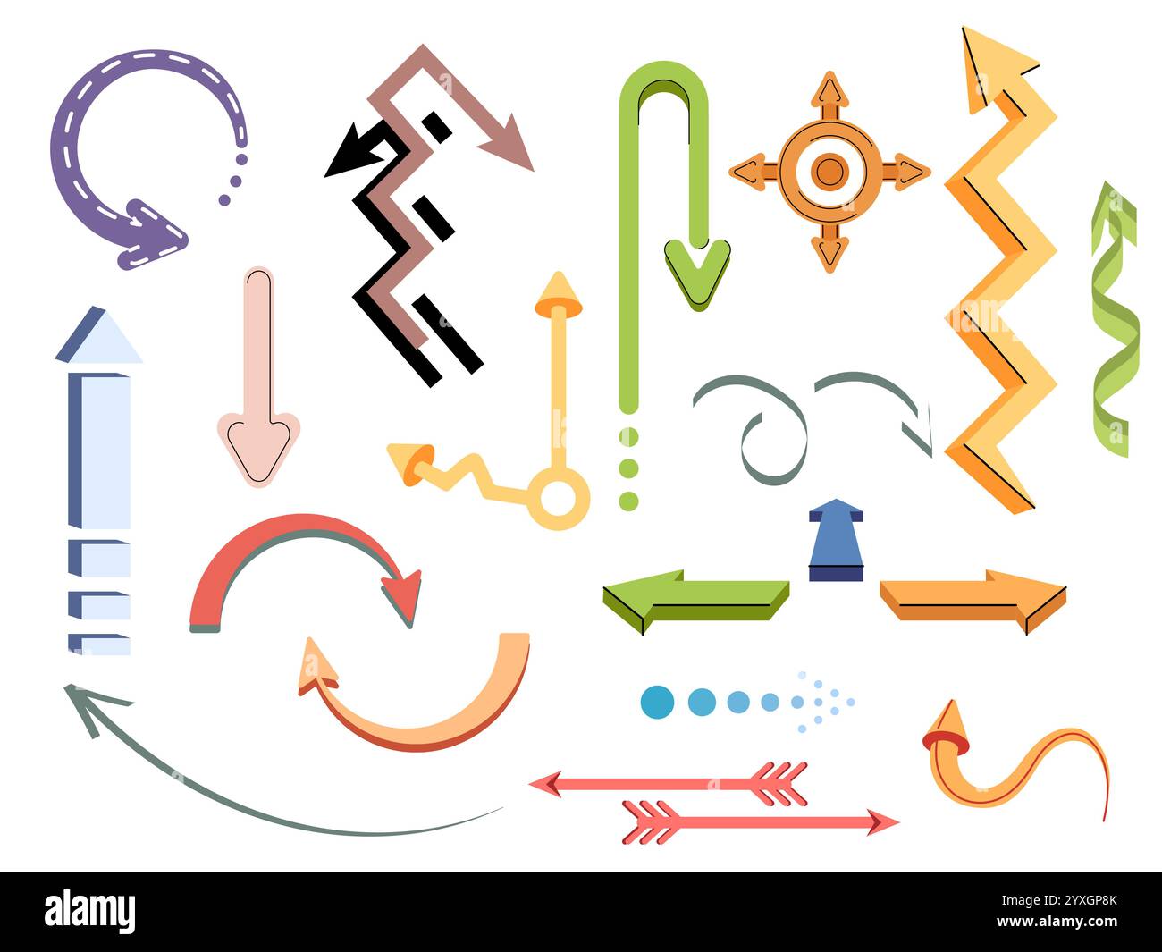 Funky abstract arrows. Cartoon cursor, color pointers, straight, curved ...