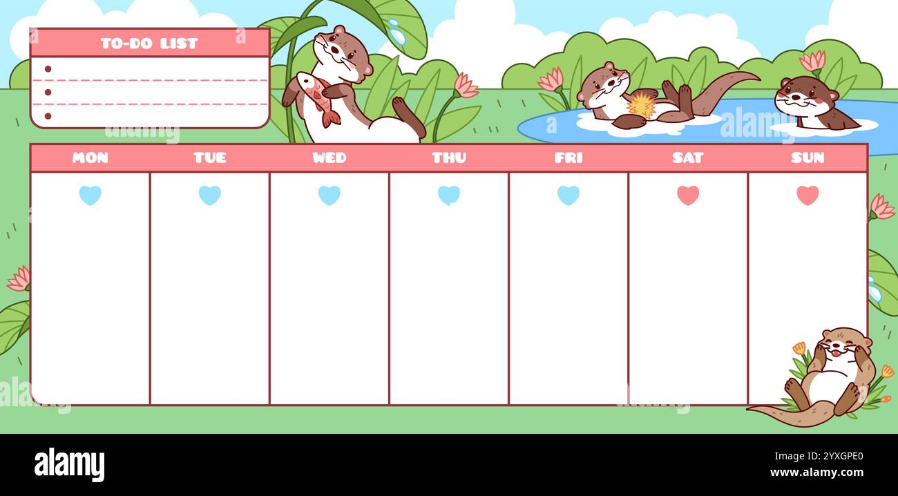 Cute otters kids weekly planner. Funny to do list with water mammals ...