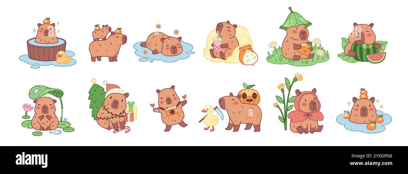 Cute cartoon capybaras characters. Funny exotic animals in different actions, they swim, relax ...