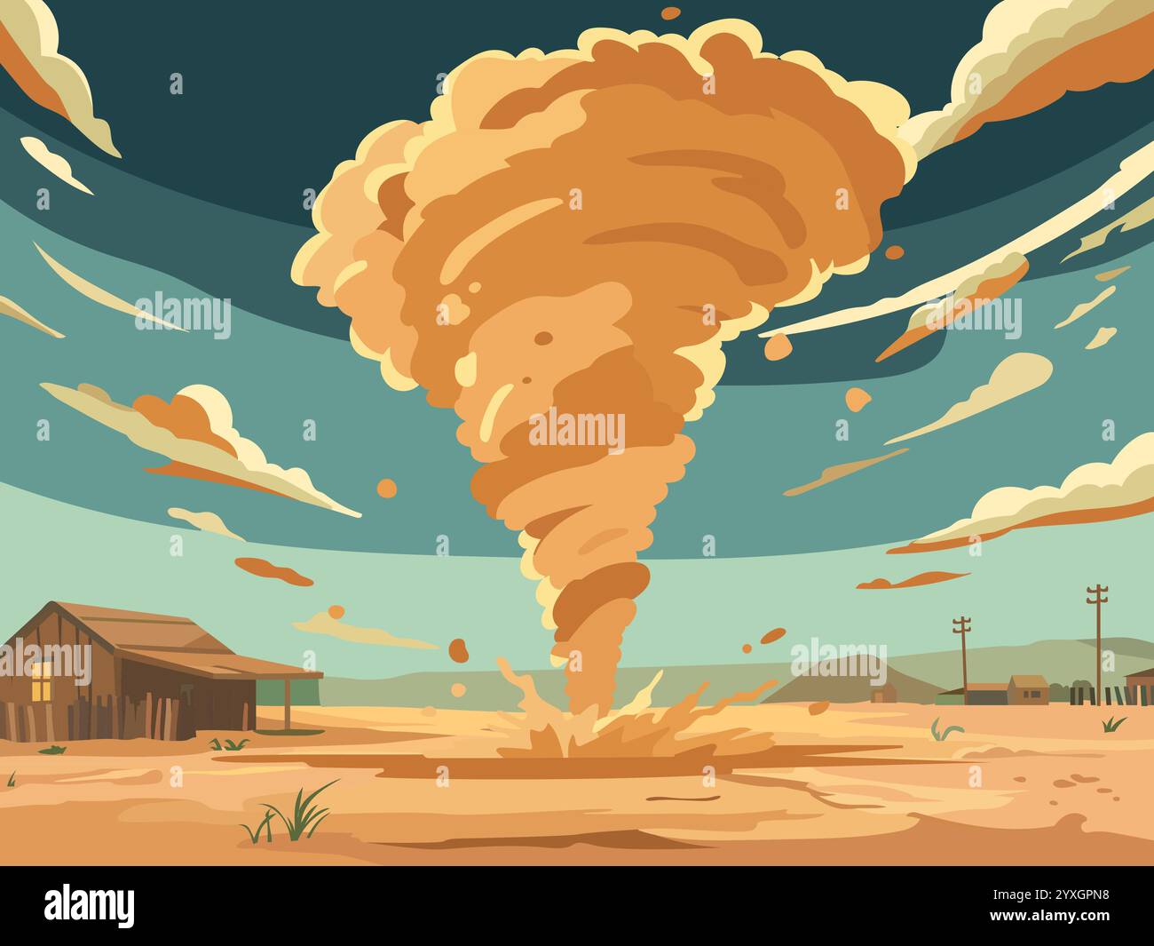 Cartoon tornado in desert. Whirlwind lifts sand, weather phenomenon, natural disaster and ...