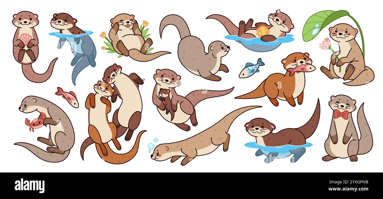 Cartoon cute sea otter characters. Funny wild marine animals, different ...