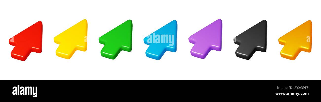 3d color mouse cursors. Three dimensional arrows different colors, voluminous click pointers ...