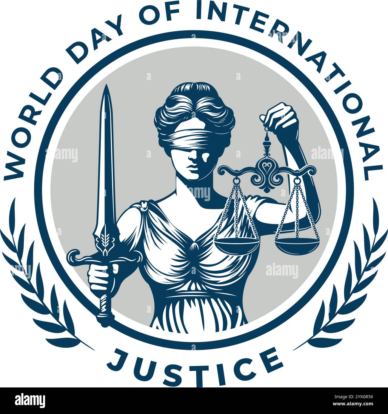 World Day of international justice sign with hand drawn lady justice ...