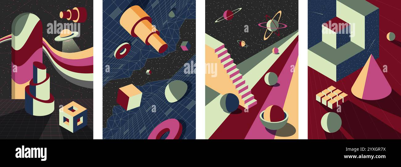 Abstract psychedelic space composition set with vibrant trendy vintage colors. Posters with ...