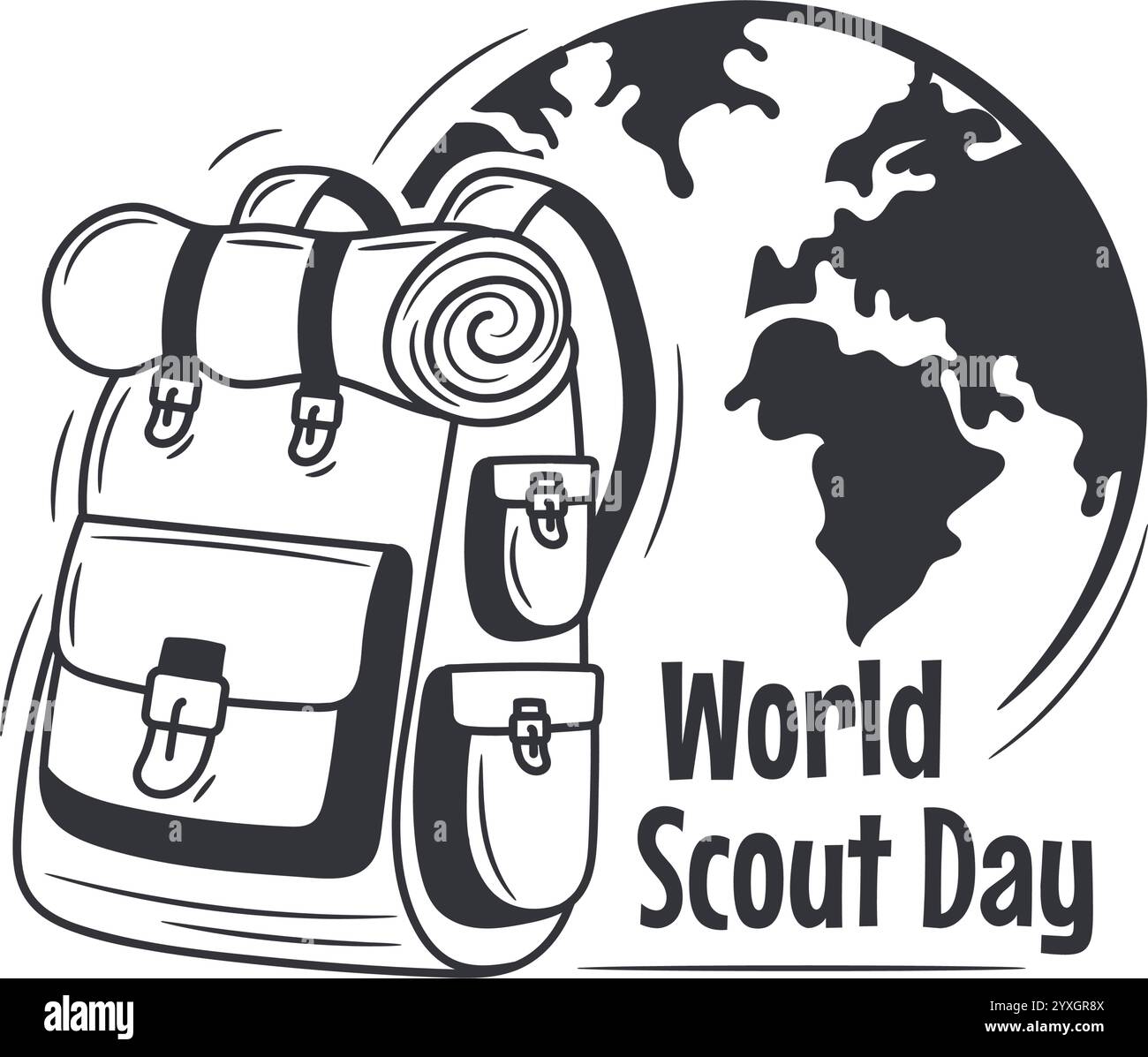 World Scout Day sign or symbol with backpack and globe hand drawn ...