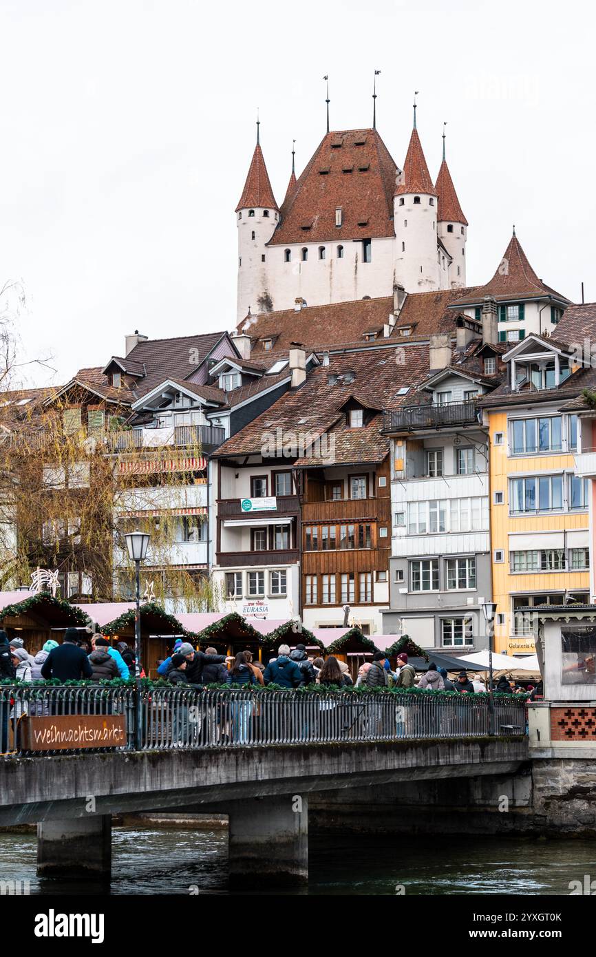 Thun, Switzerland - December 8, 2024: Bridge with Christmas market ...