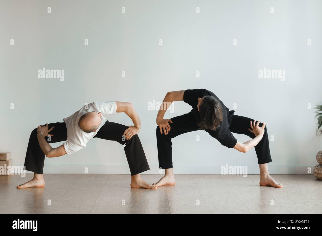two young athletes practice yoga in the gym. Joint training, indoors ...