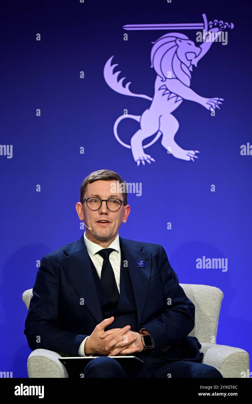 Prime Minister of Estonia, Kristen Michal gestures as he speaks during ...