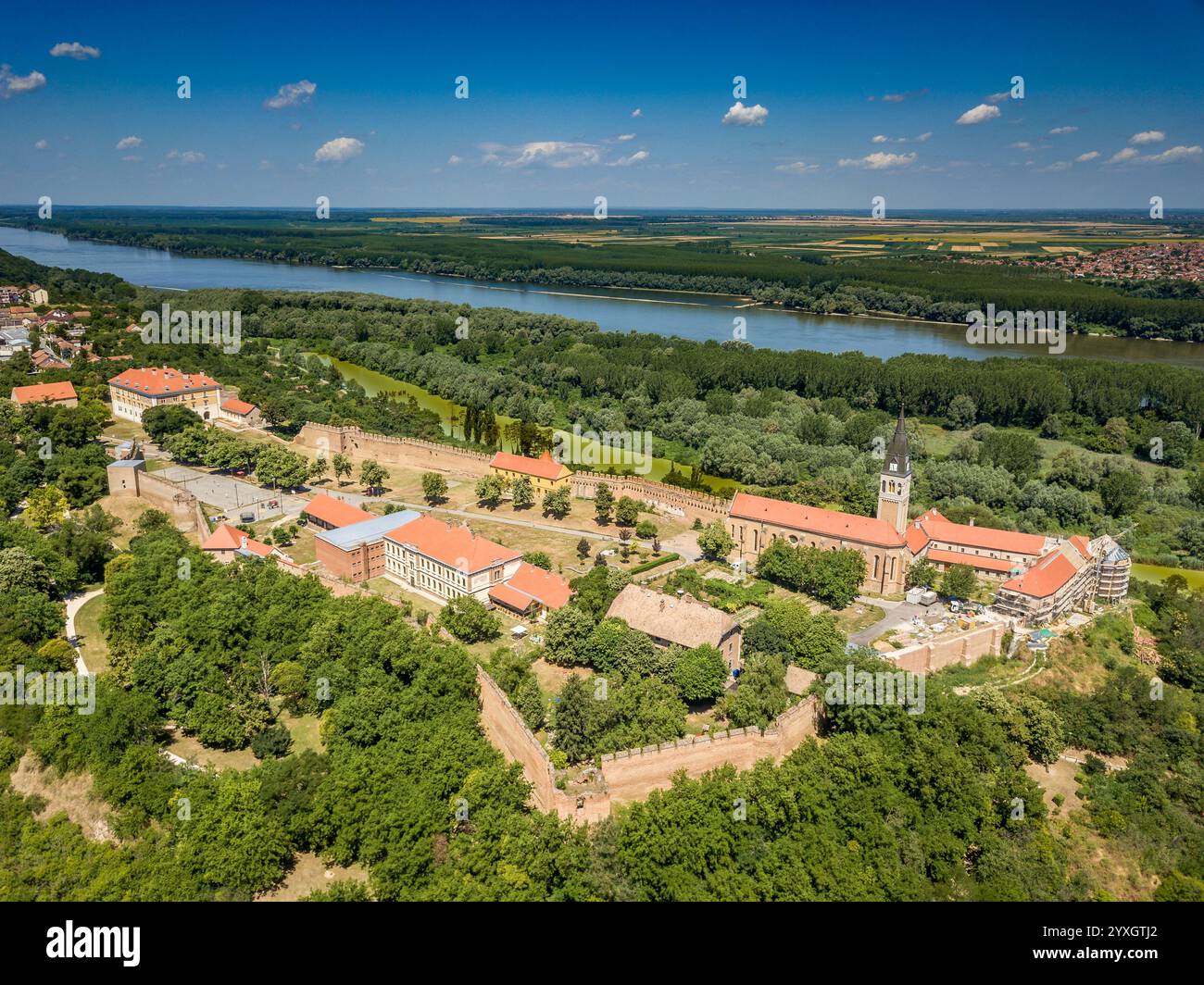Aerial panorama of Ilok castle from the turkish times above the Danube ...