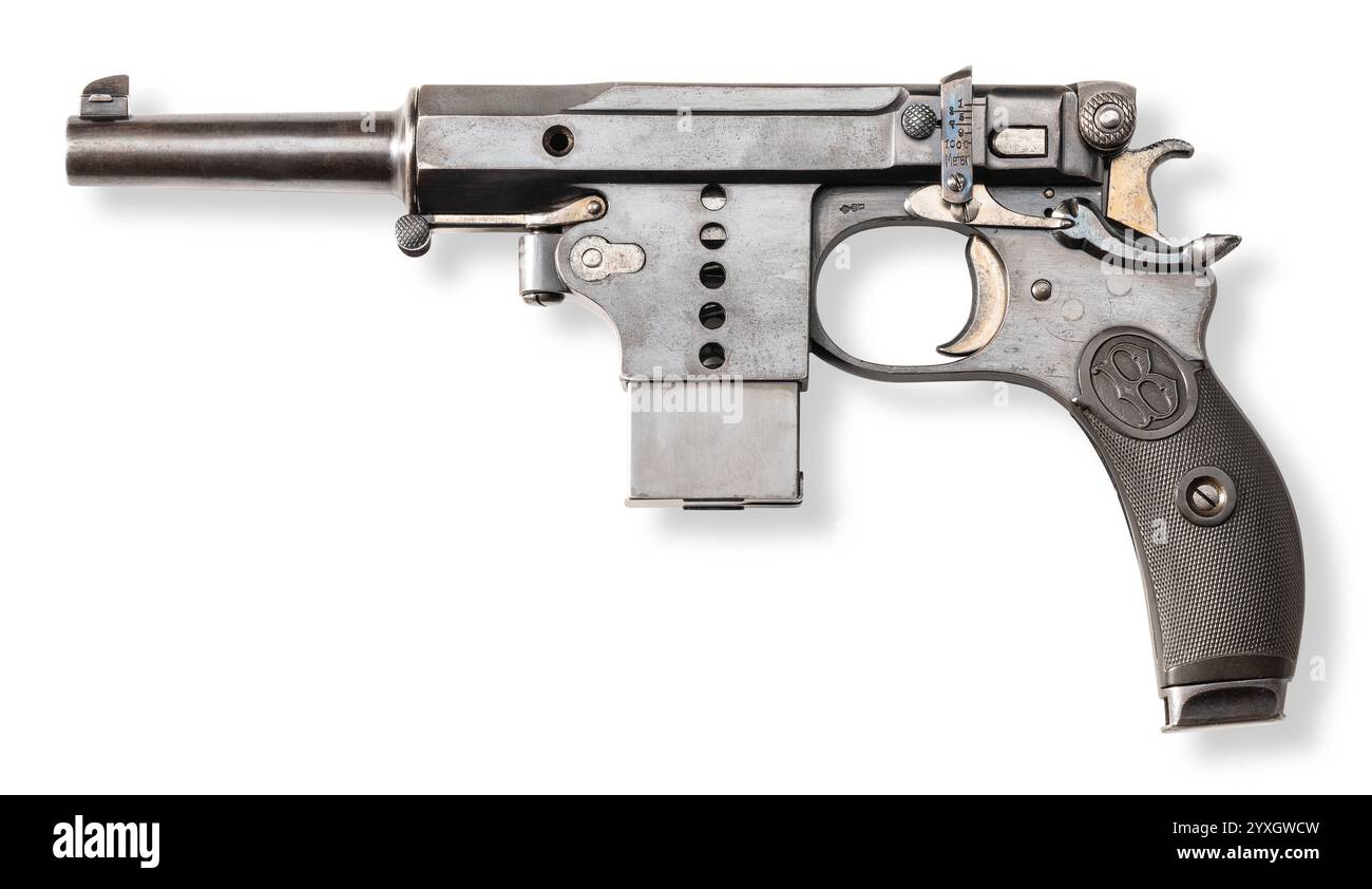 Studio shot of a Bergmann Mod. 1897 No. 5 historical pistol handgun on ...