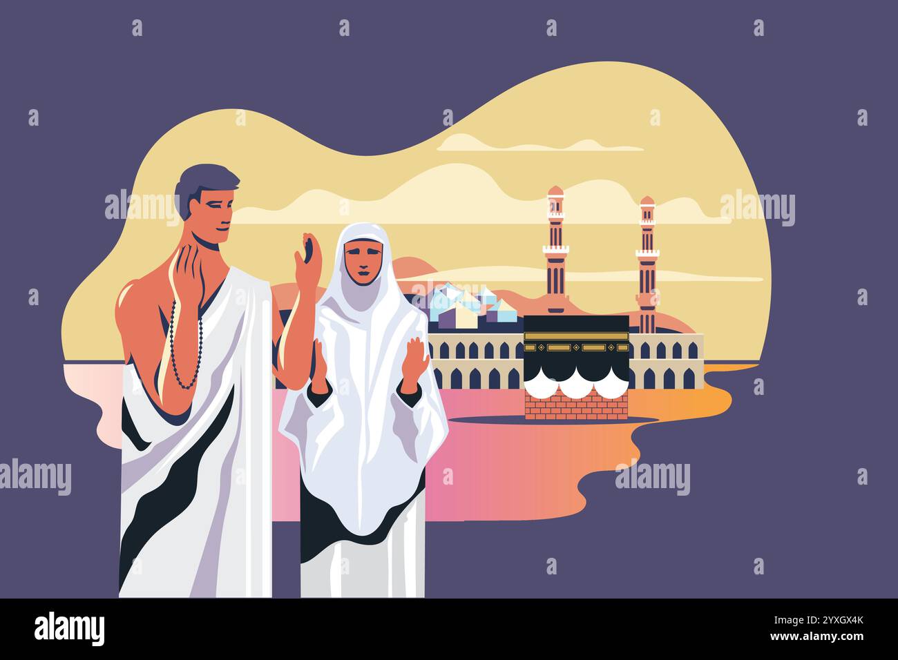 Hajj Mabrour background with Kaaba, man and woman Hajj Character ...