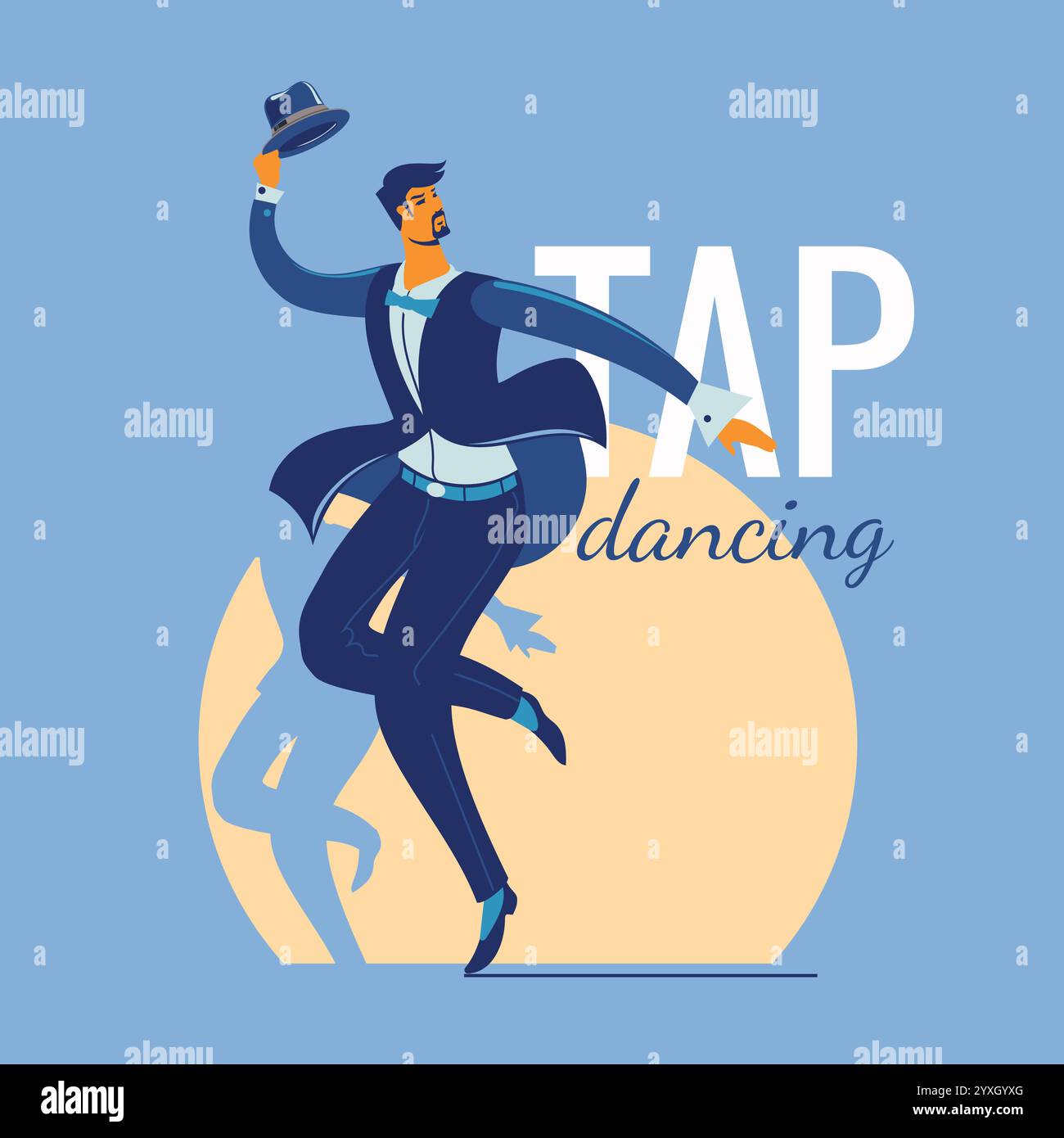 Man performing a tap dance in a spotlight and music instrument ...