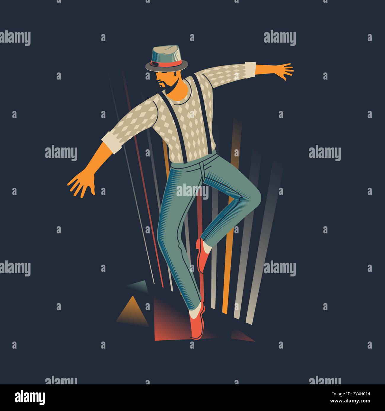 Man performing a tap dance in a spotlight and music instrument ...