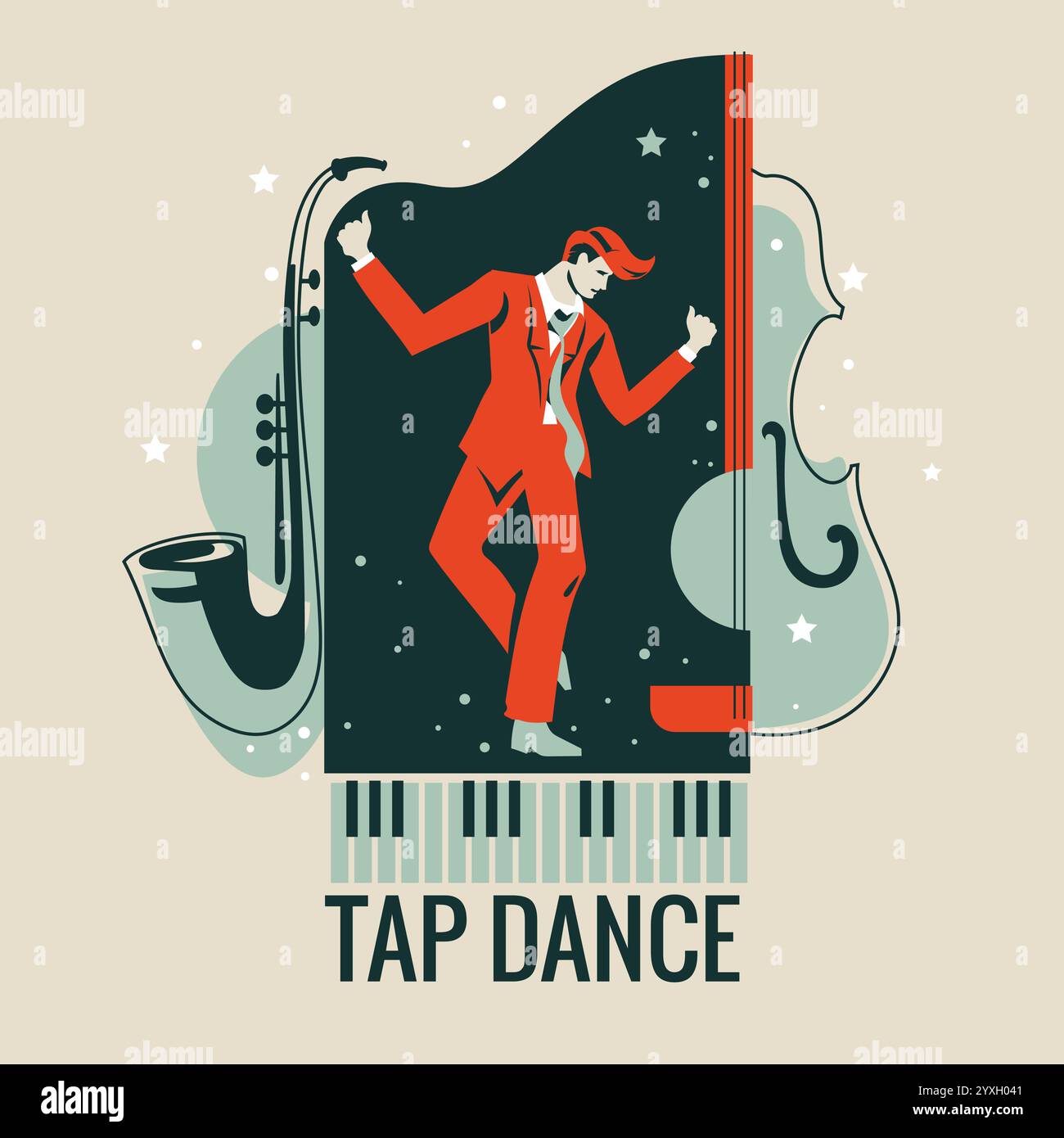 Man performing a tap dance in a spotlight and music instrument ...