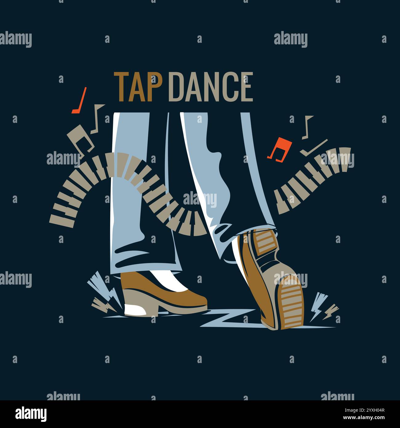 Man performing a tap dance in a spotlight and music instrument ...