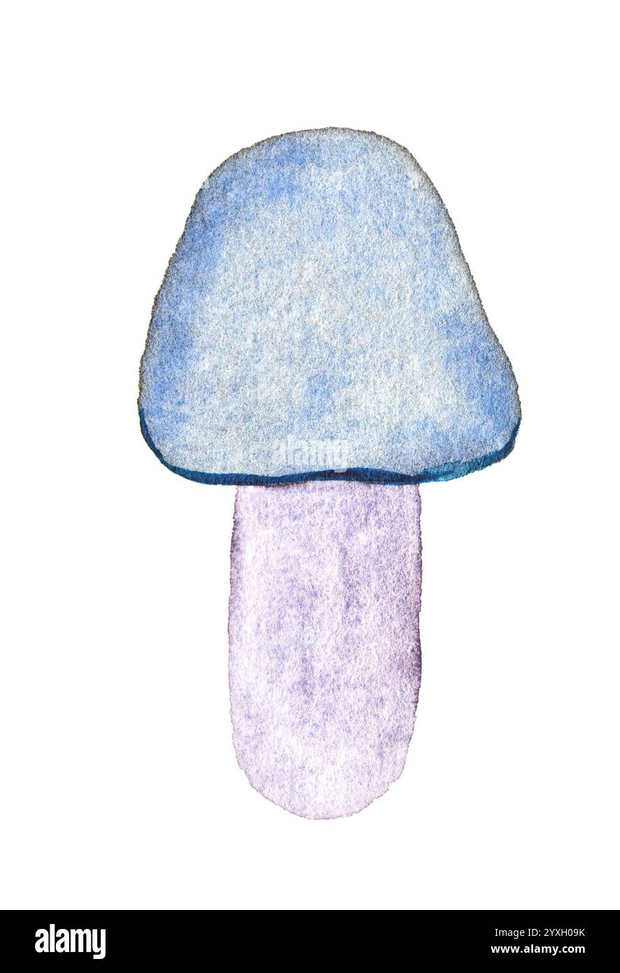 Watercolor blue mushroom art with textured cap and stem on white ...