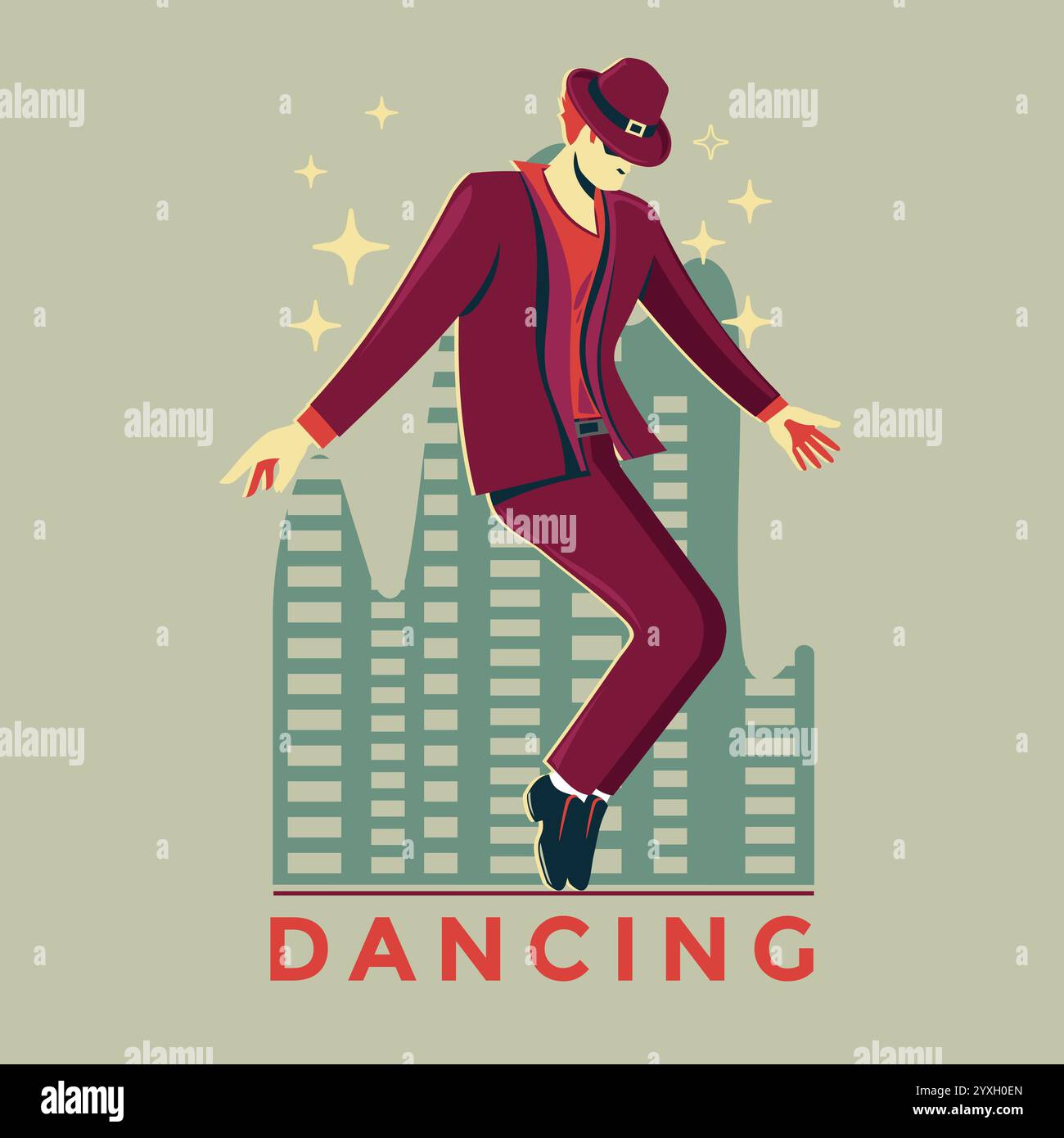 Man performing a tap dance in a spotlight and music instrument ...