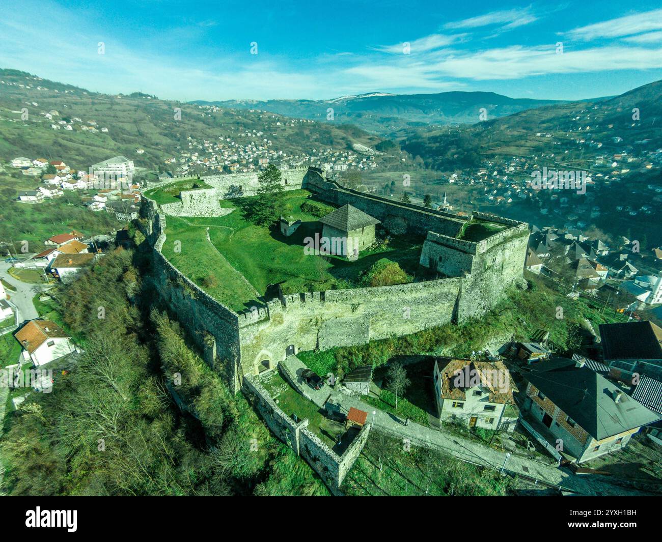 Aerial view of Jajce in Bosnia with medieval walled old town, castle ...
