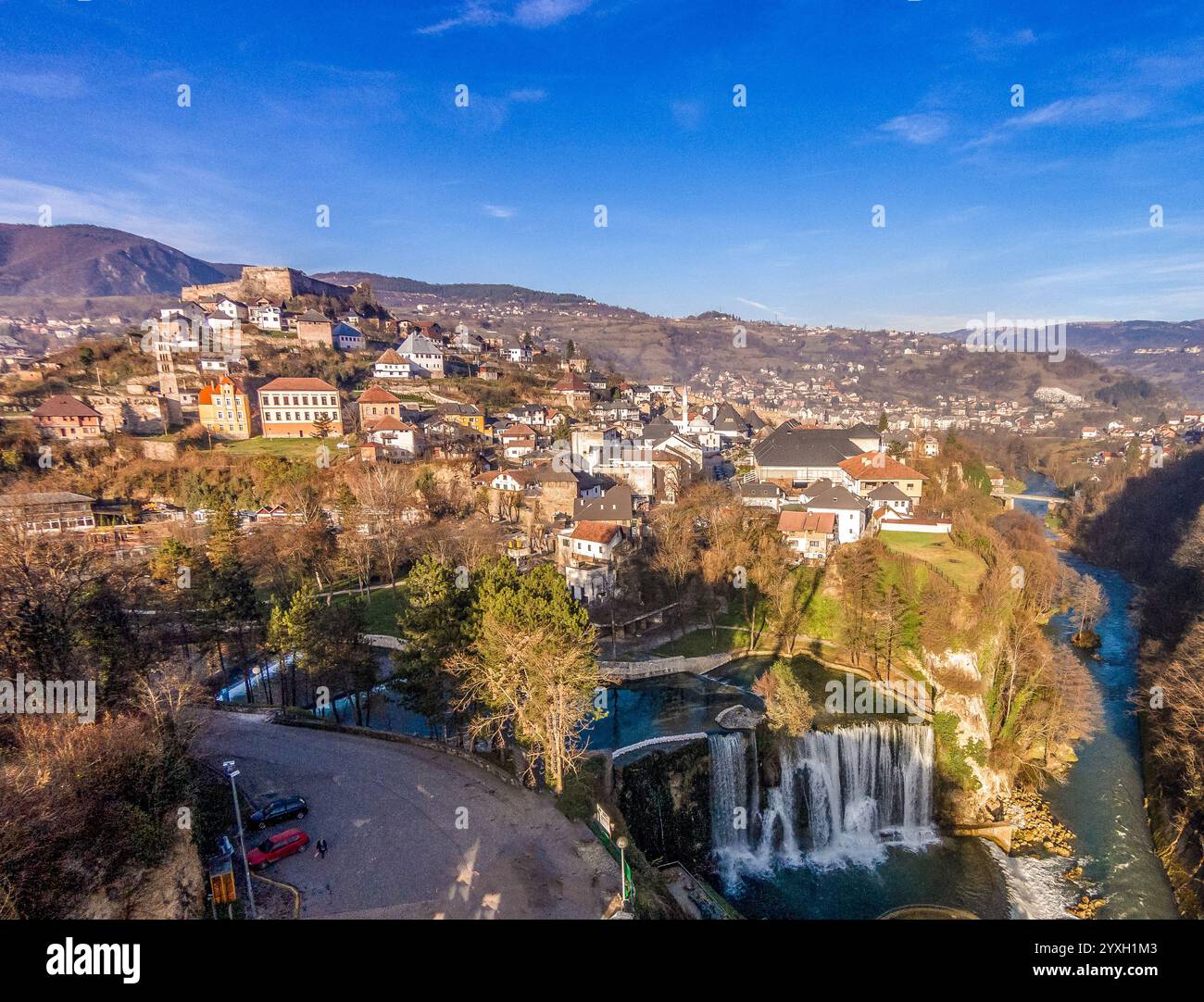 Aerial view of Jajce in Bosnia with medieval walled old town, castle ...