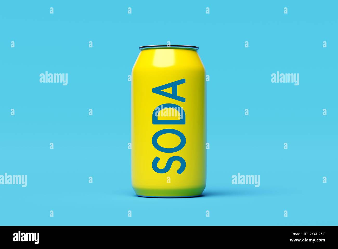 Refreshing yellow soda can standing on a vibrant light blue background ...