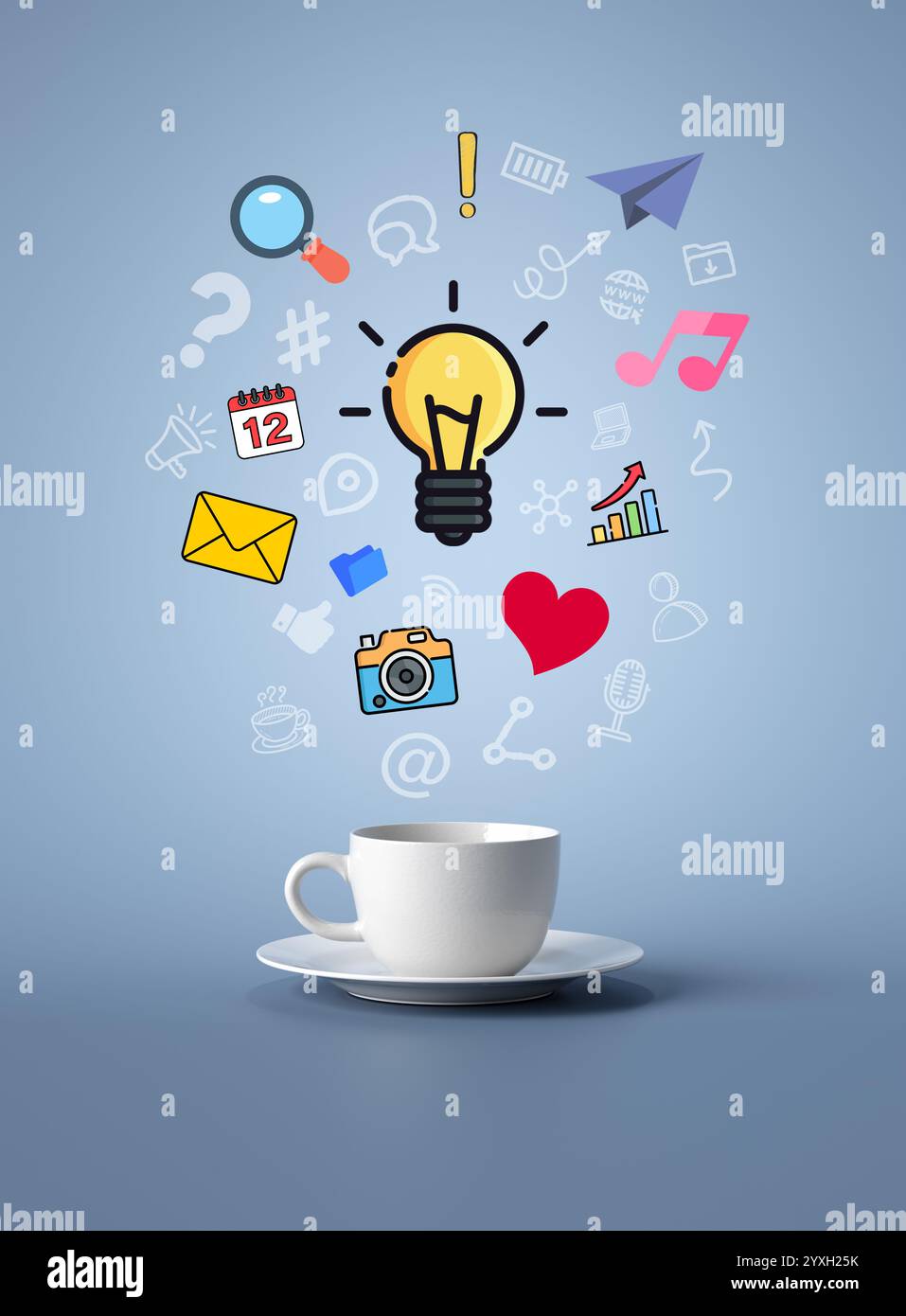 Floating social media icons above a coffee cup, representing ...