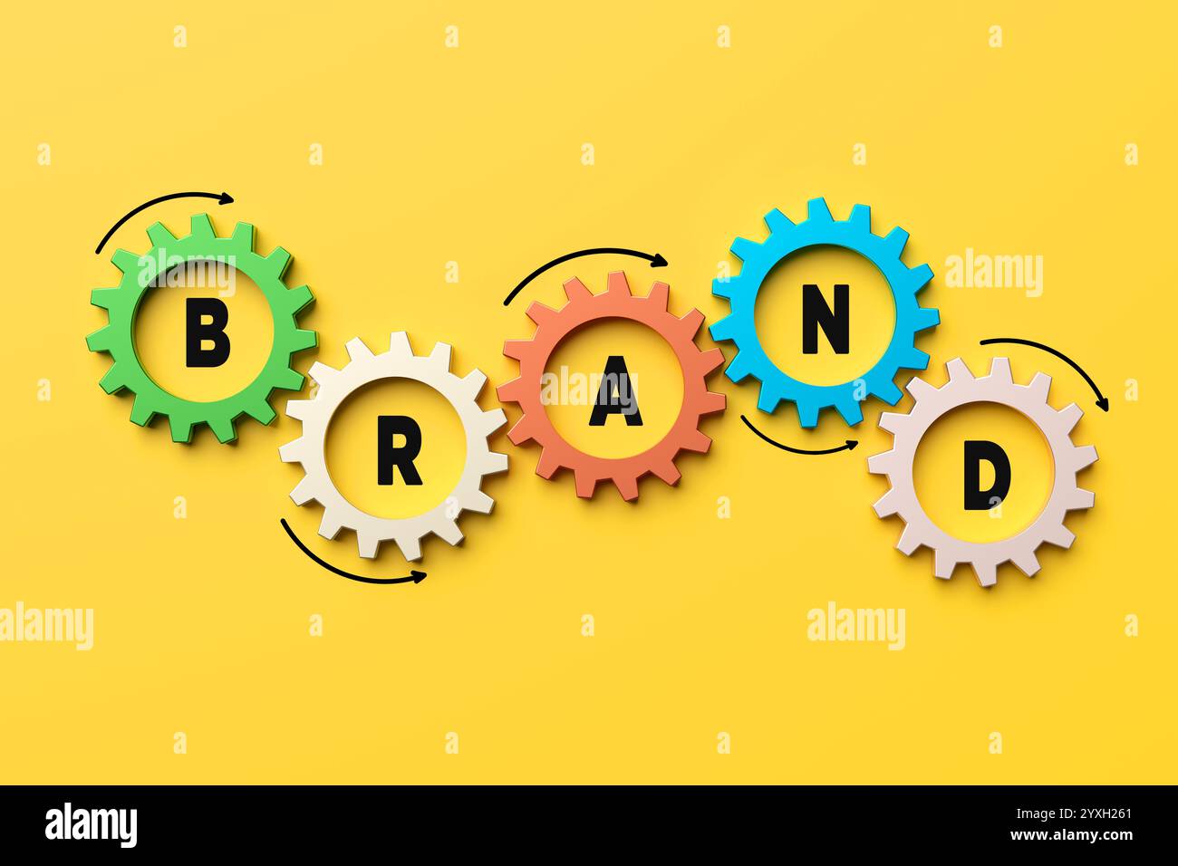 Colorful interlocking gears spelling the word brand, working together ...