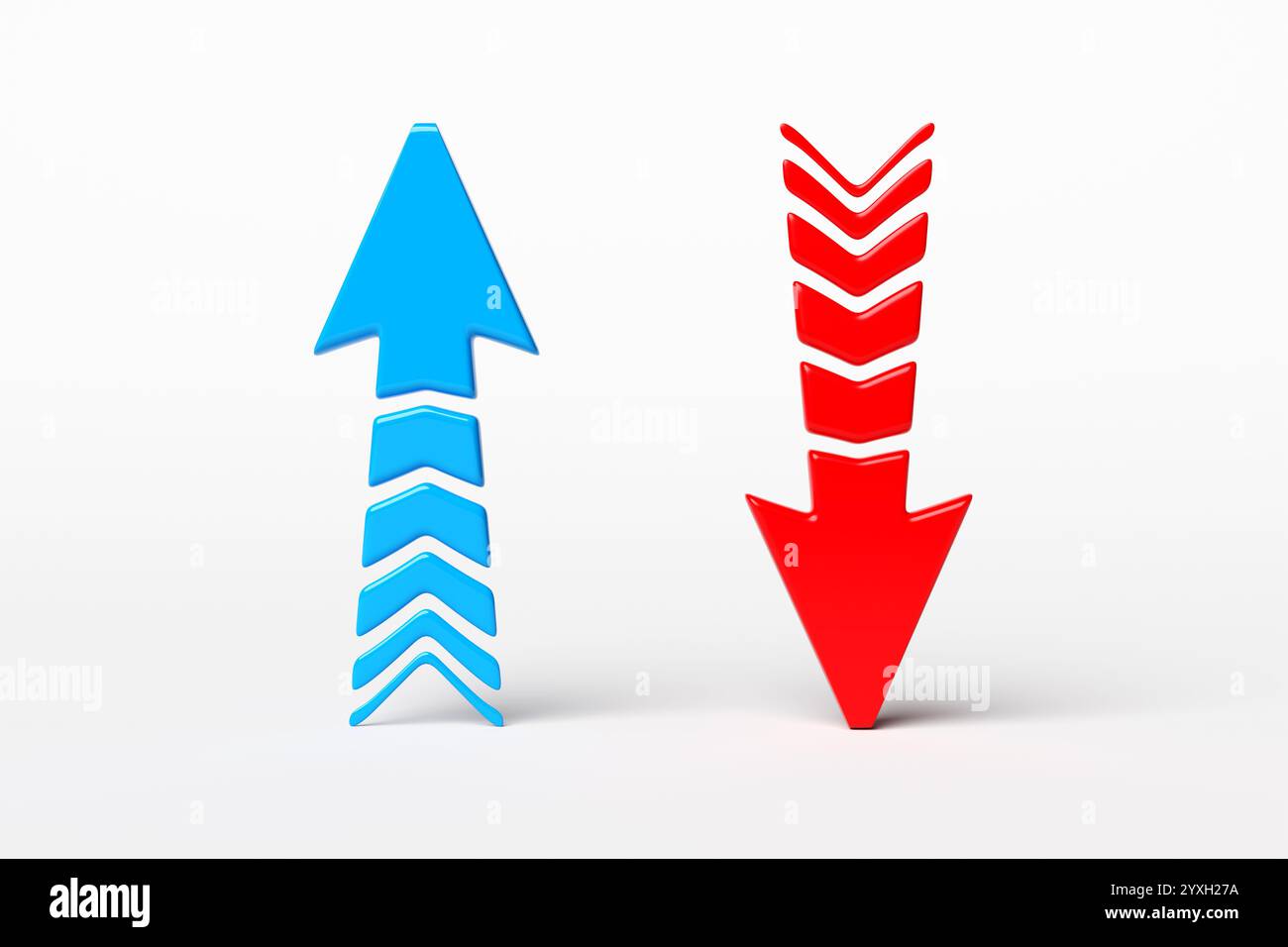 Growth, decline, increase, decrease concepts. Two arrows, one blue pointing up and one red ...