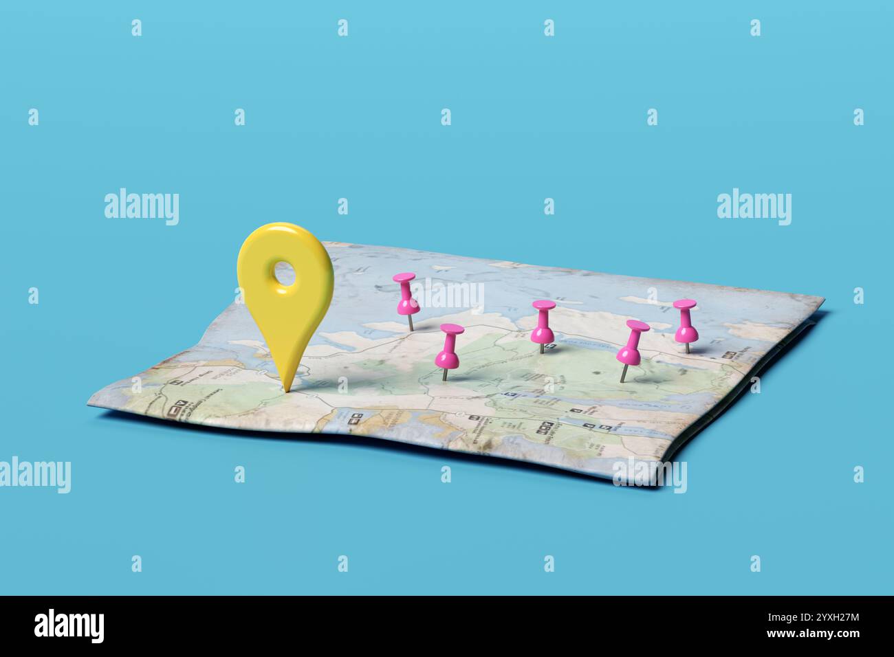 Location icon and push pins showing destination points on a map. Travel ...
