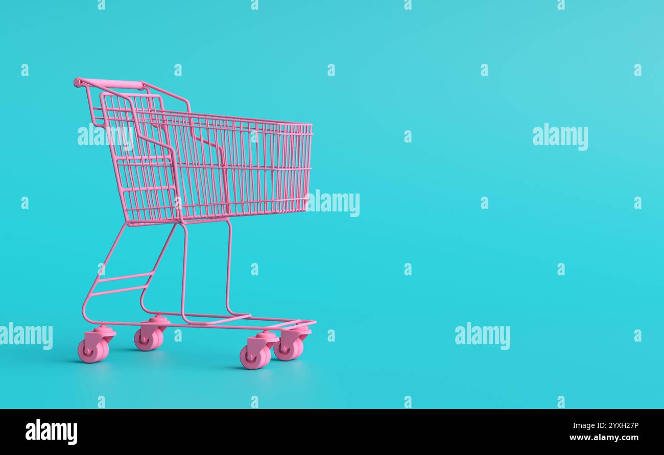 Empty pink shopping cart standing on turquoise background representing ...