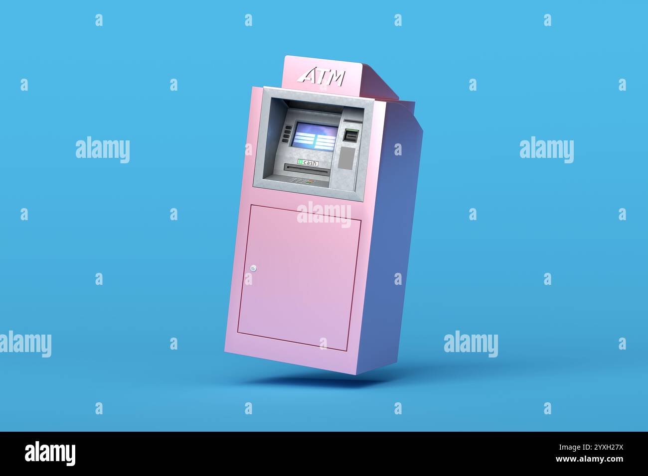Pink automated teller machine floating on a light blue background, representing modern banking ...