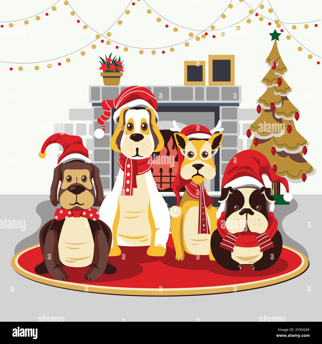 Cute Dogs Christmas seasonal with fireplace and Christmas tree ...