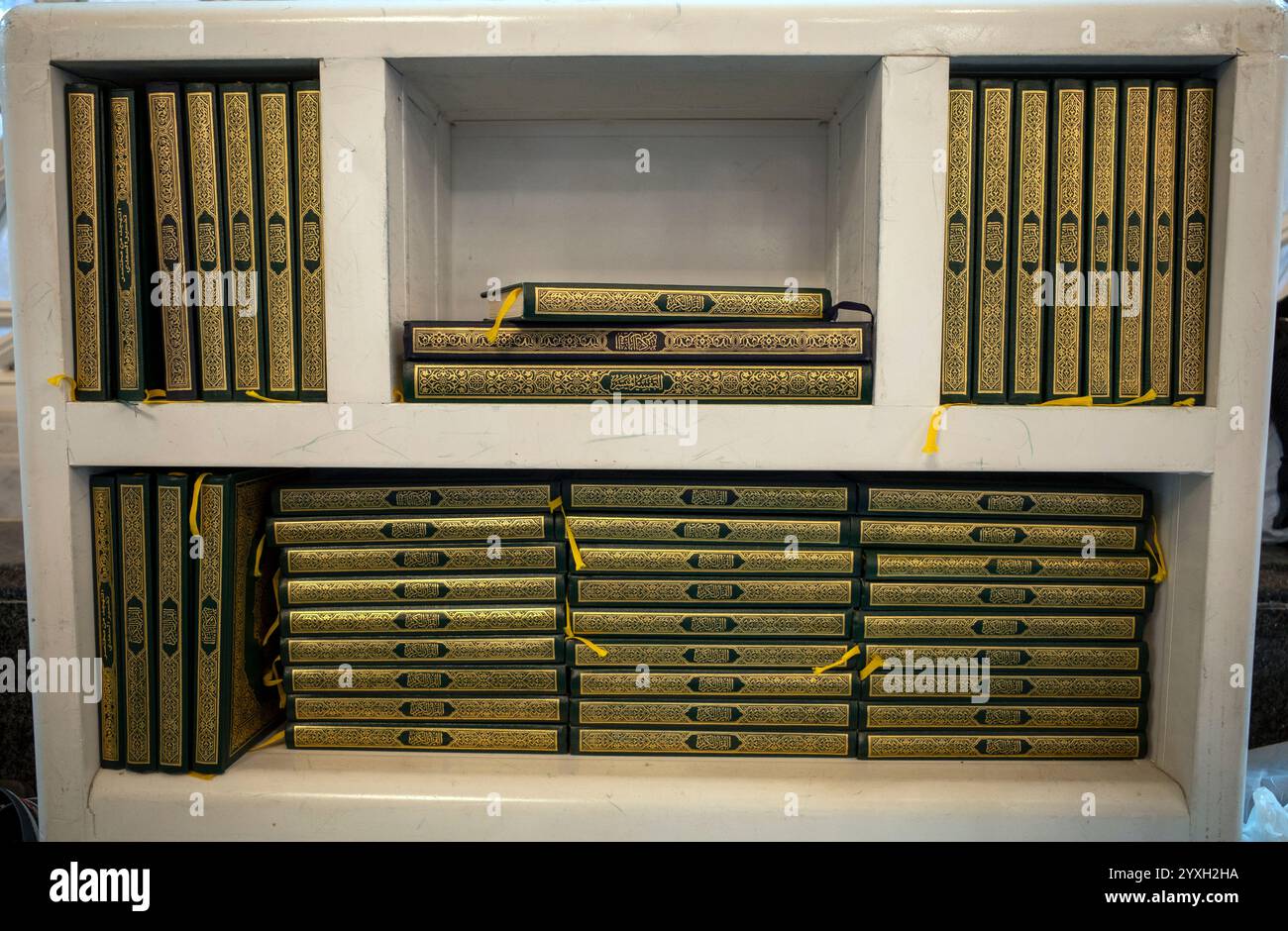 The Holy Quran on a bookshelf at the Masjidil Haram, Grand Mosque ...