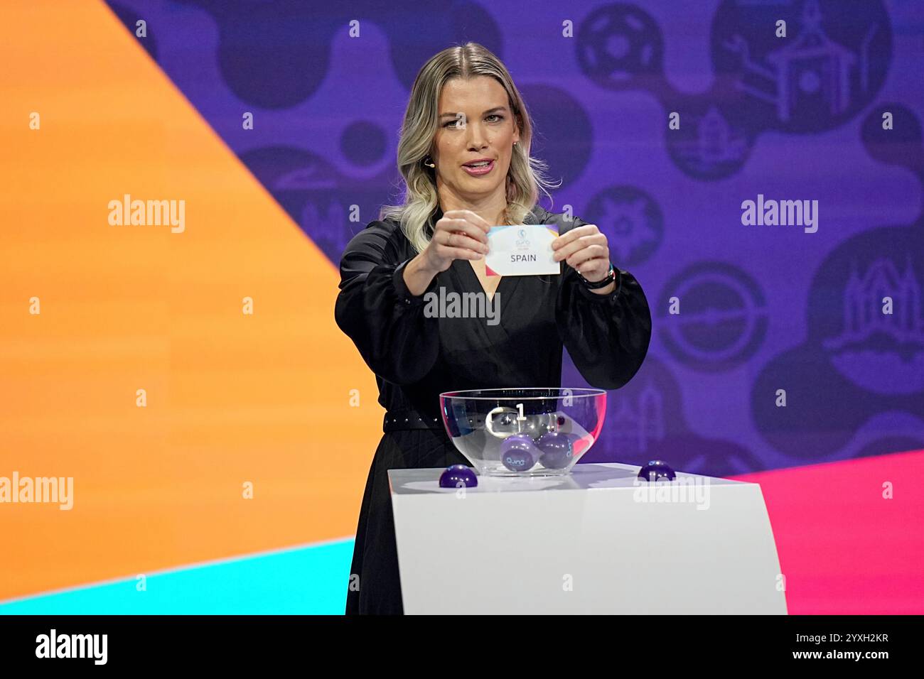 Swiss former soccer player Lara Dickenmann draws Spain during the UEFA ...