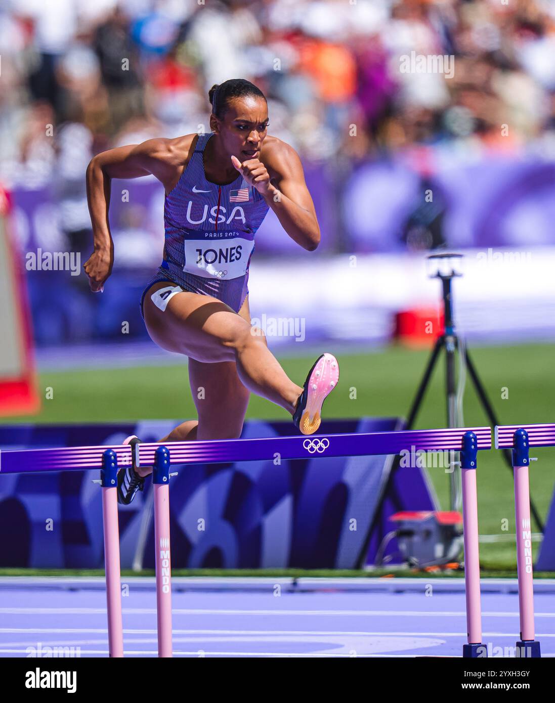 Jasmine Jones participating in the 400 meters hurdles at the Paris 2024 ...
