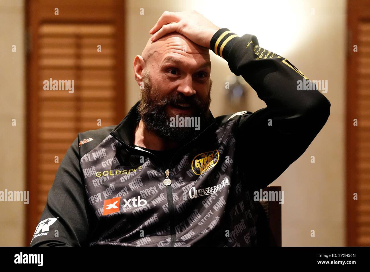 Tyson Fury speaks to the media at the Hilton Hotel in Riyadh. Tyson ...