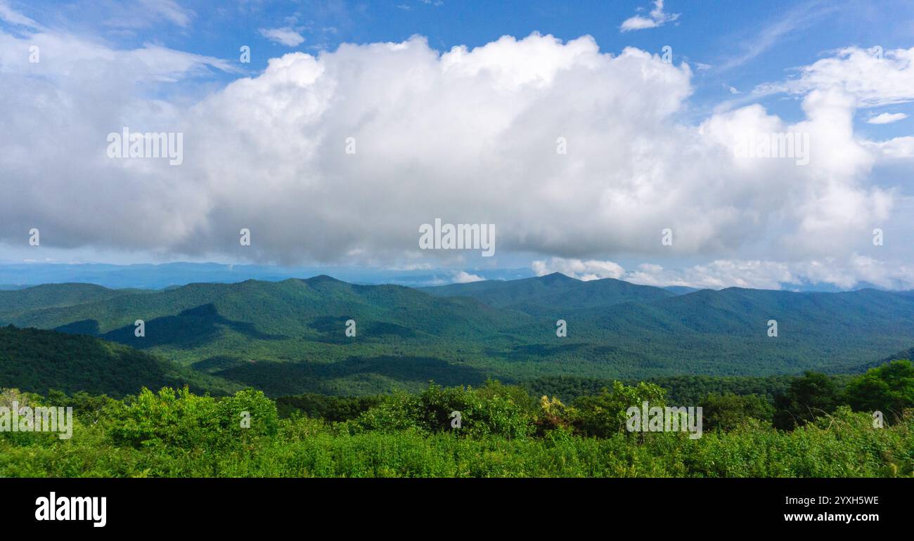 Large white clouds hang over the layered peaks of the Unicoi Mountain ...