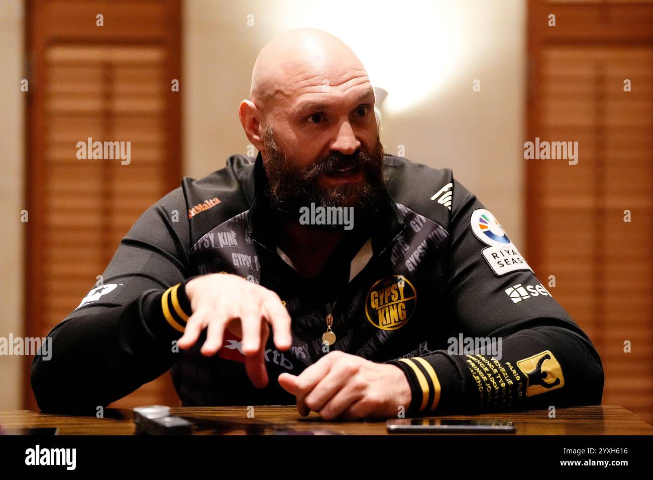 Tyson Fury speaks to the media at the Hilton Hotel in Riyadh. Tyson ...