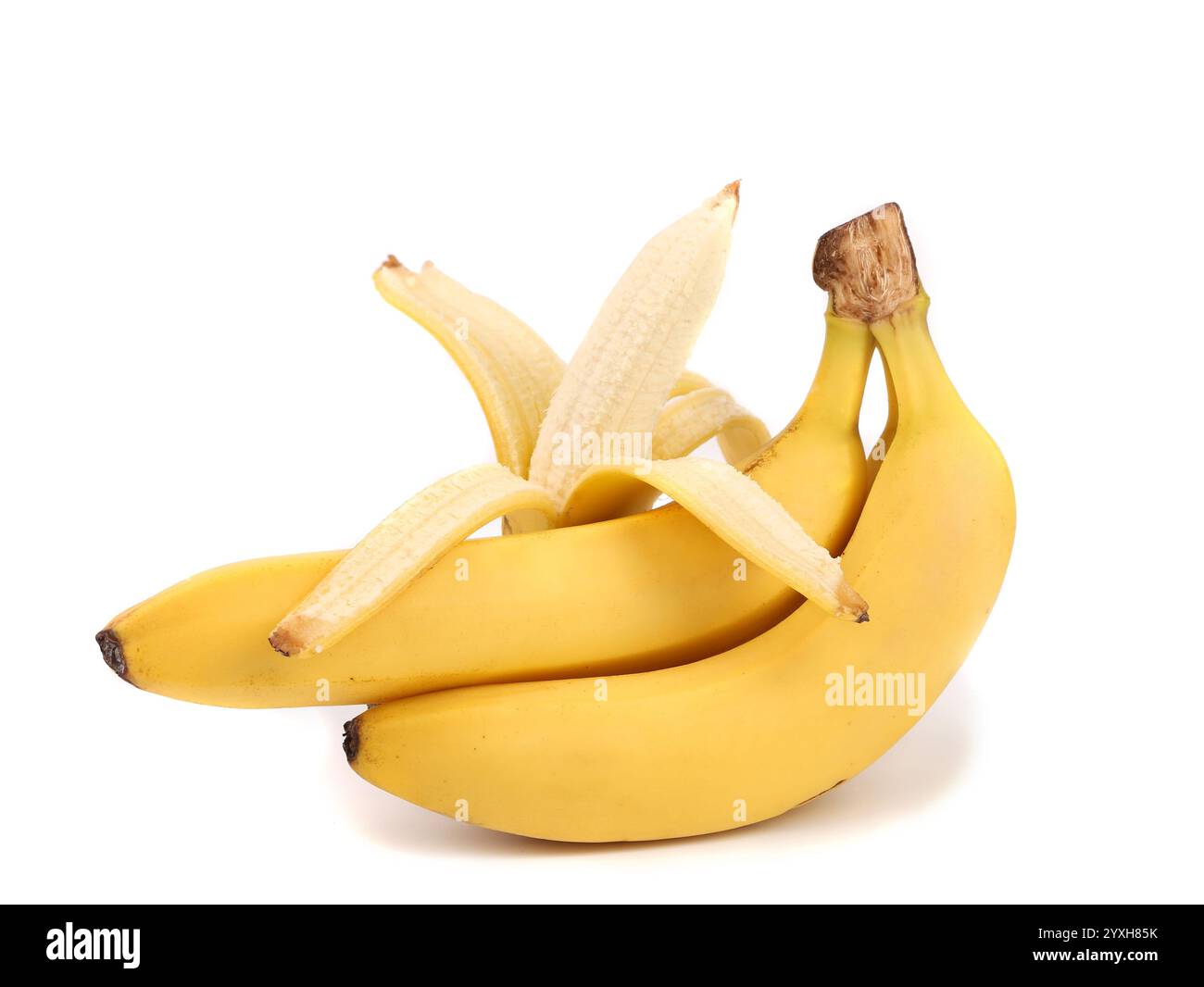 Bunch of bananas with open one. White background Stock Photo - Alamy