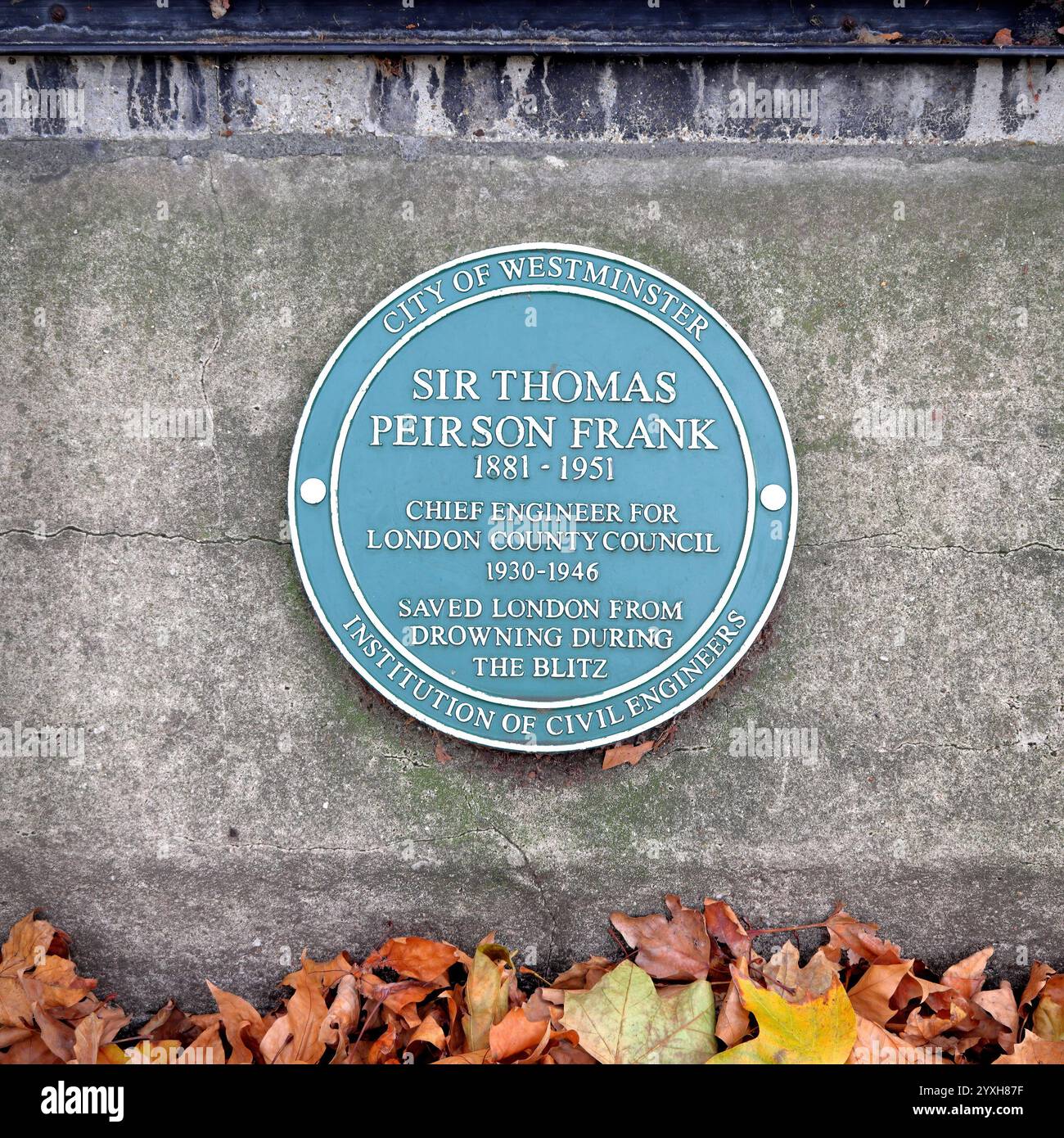 Sir Thomas Peirson Frank plaque on Embankment wall in Victoria Tower ...