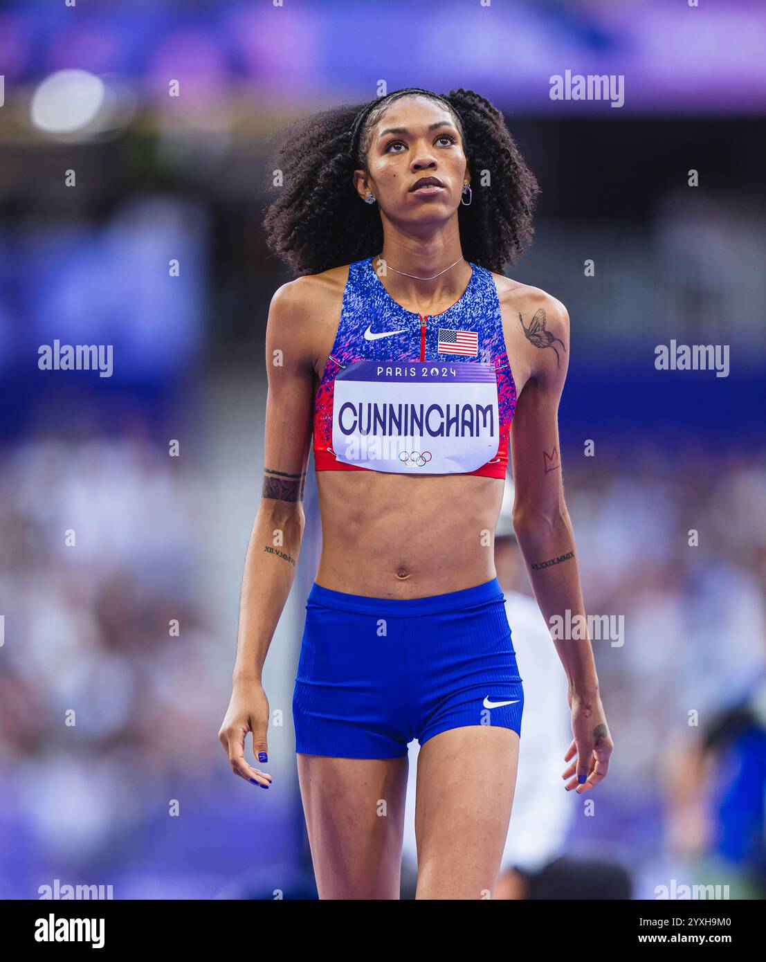 Vashti Cunningham participating in the high jump at the Paris 2024 ...