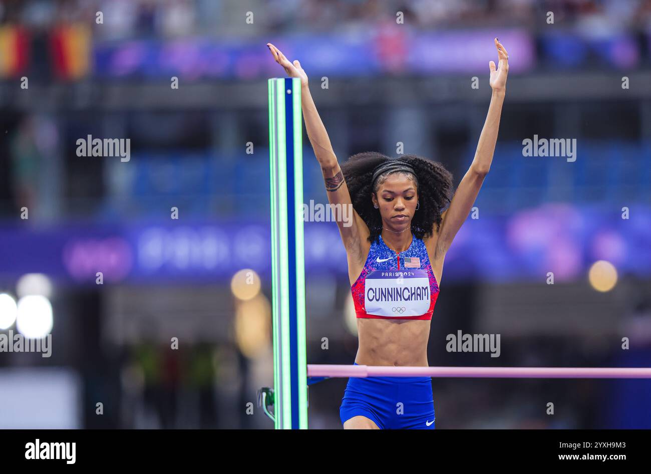 Vashti Cunningham participating in the high jump at the Paris 2024 ...