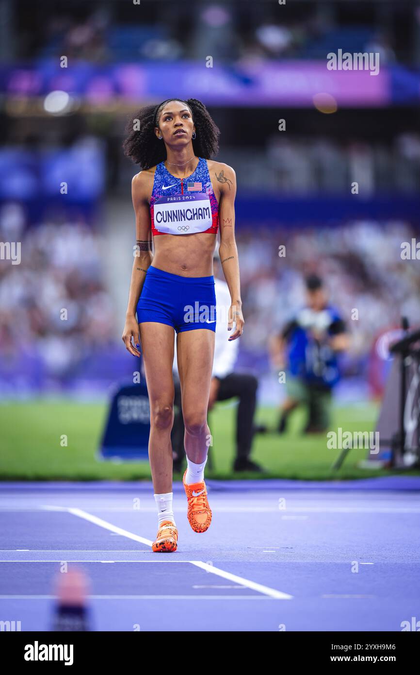 Vashti Cunningham participating in the high jump at the Paris 2024 ...
